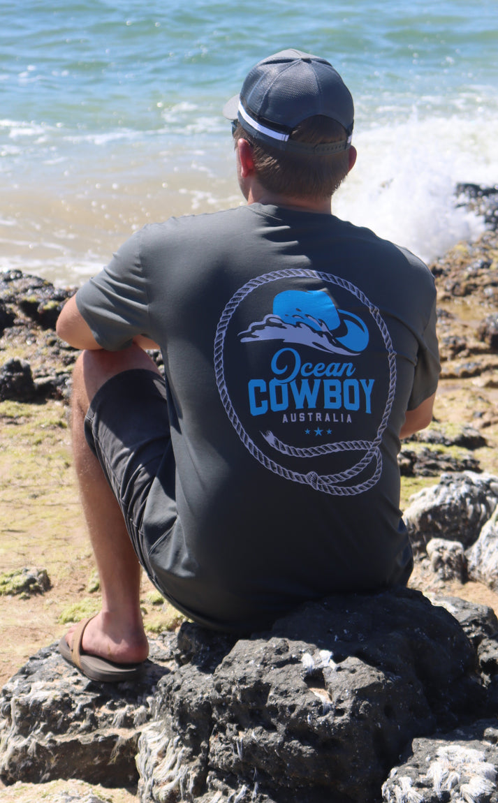 Ocean Cowboy Charcoal Tee - Blue Logo – Ocean Cowboy Australia