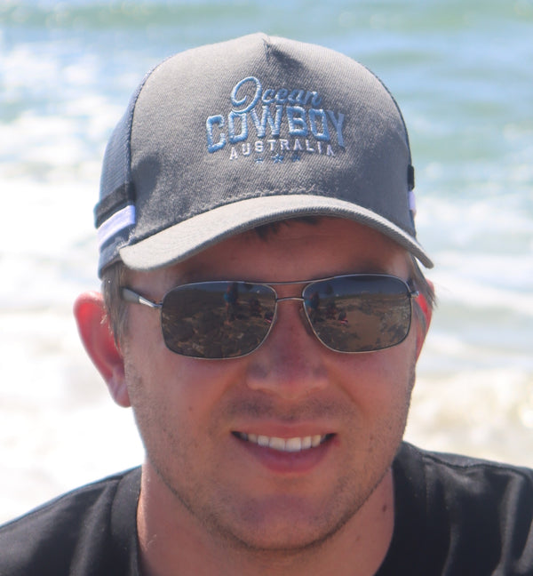 Ocean Cowboy - Grey Trucker Cap - Blue Text Logo – Ocean Cowboy Australia