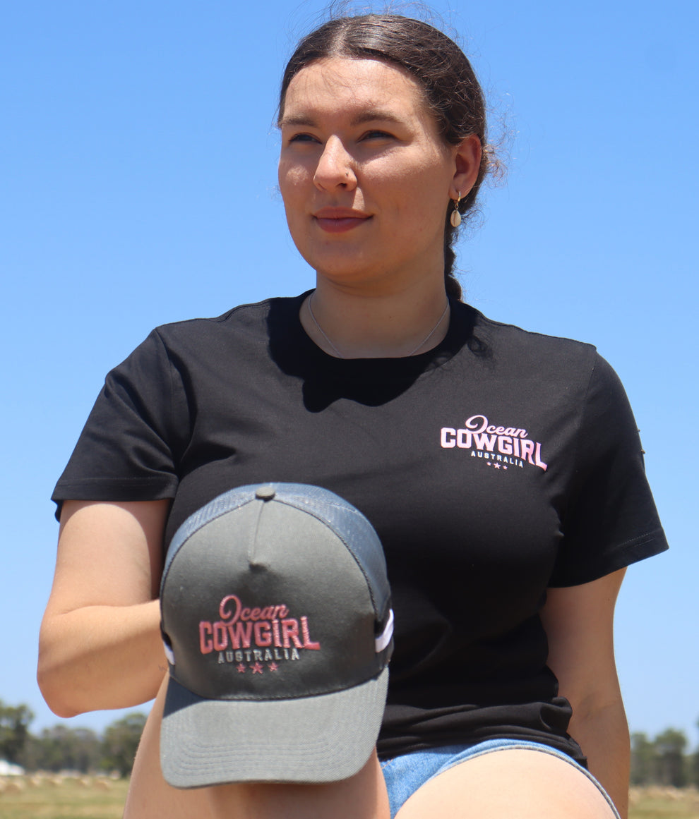 Ocean Cowgirl Black Tee - Pink Logo – Ocean Cowboy Australia