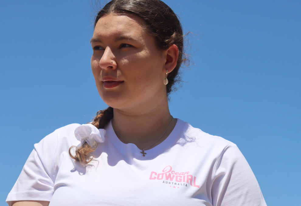 Ocean Cowgirl White Tee - Pink Logo – Ocean Cowboy Australia